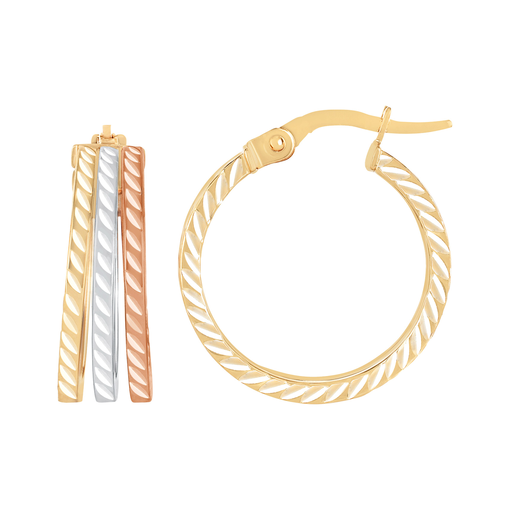 Diamond Cut Triple Row Hoop Earrings in Three Tone Gold | Costco