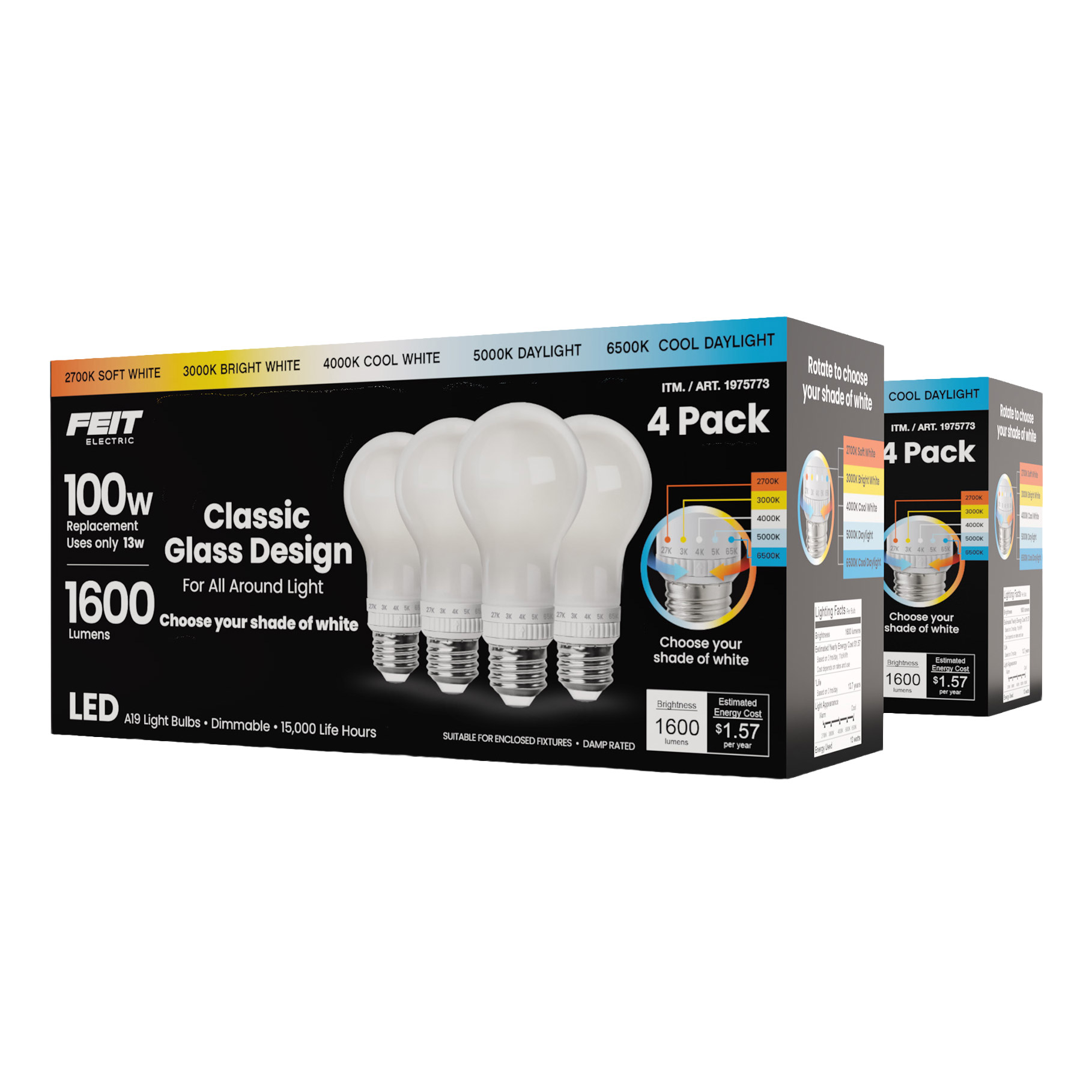 Feit Electric 100W Replacement 5-CCT LED Classic Glass A19 Bulbs, 8 ...