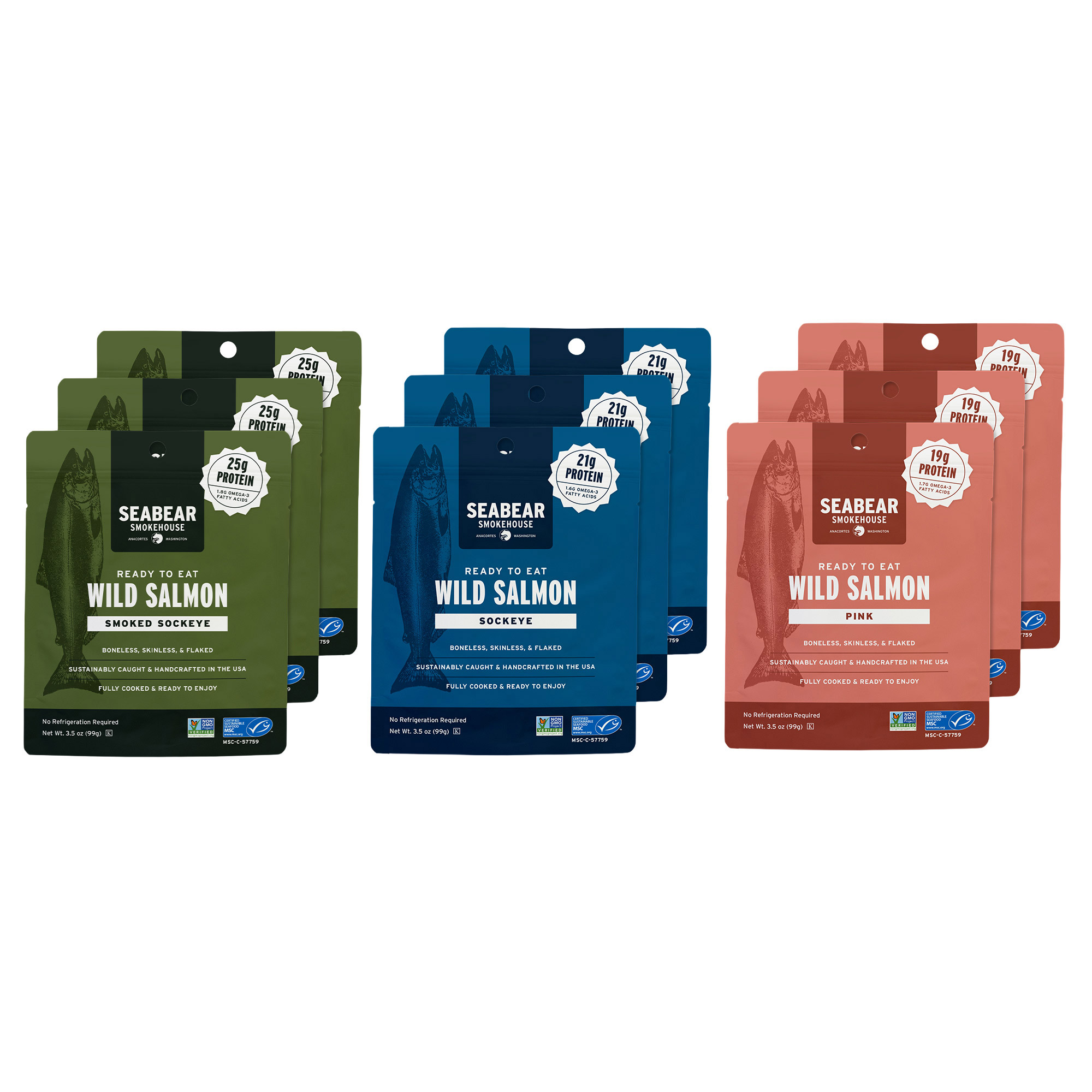 SeaBear Ready to Eat Wild Salmon Variety Pack, 9 Pouches (3.5 oz. each ...