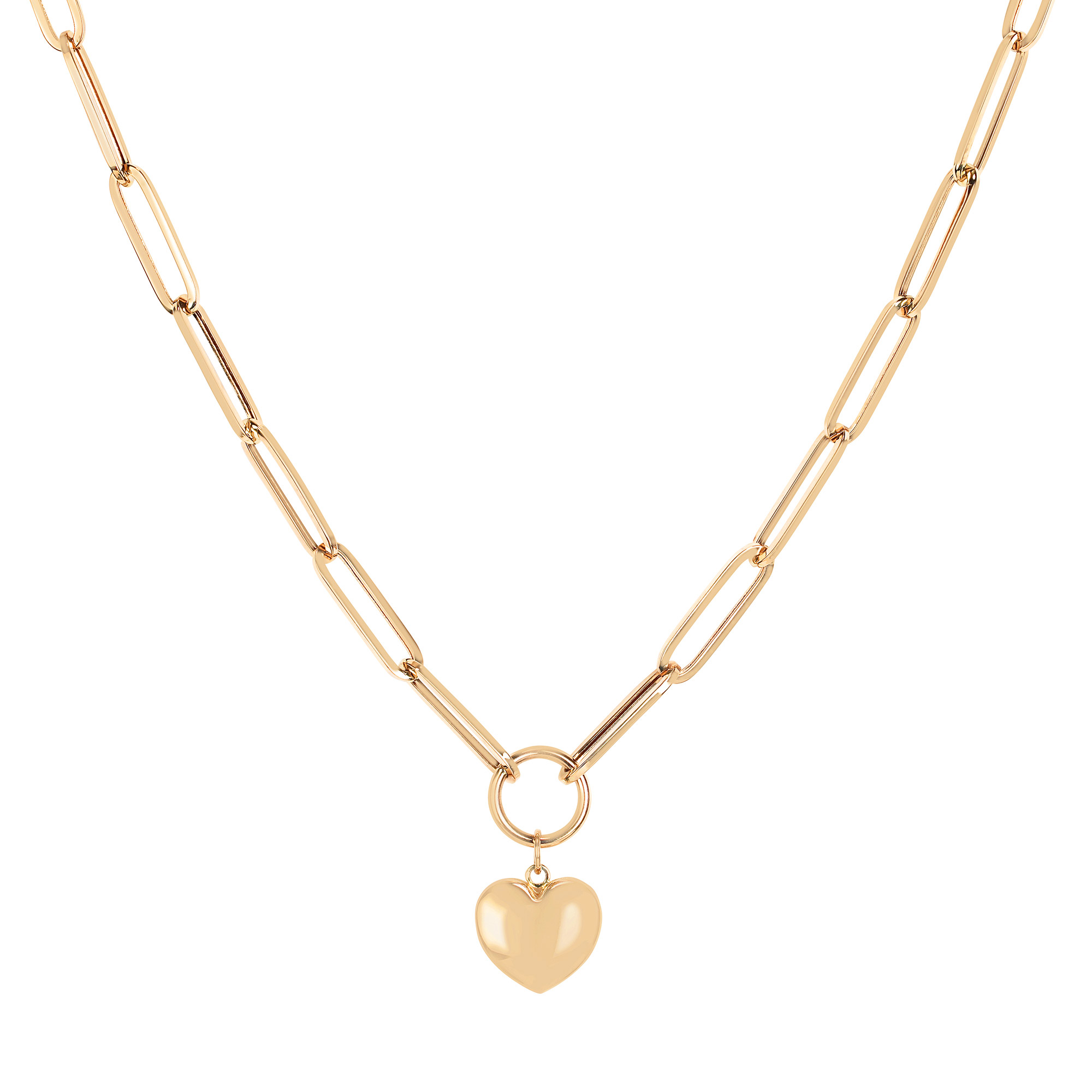 High Polish Puffed Heart Charm on Paperclip Necklace in Yellow Gold ...