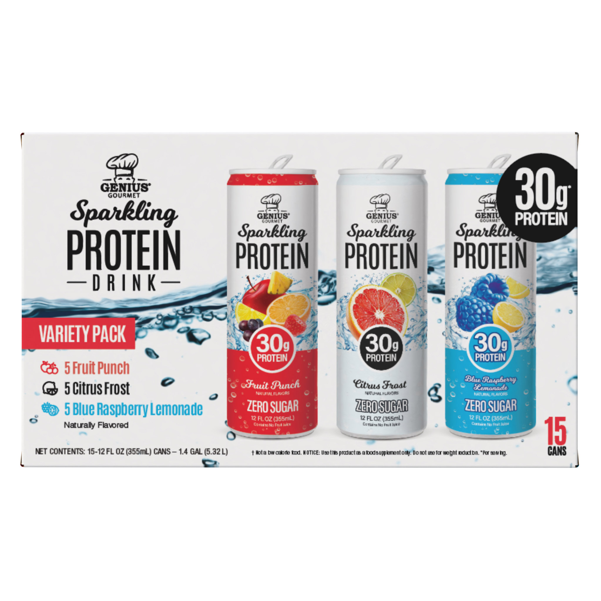 Genius Gourmet Sparkling Clear 30g Protein Variety Pack, 12 fl oz, 15 ...