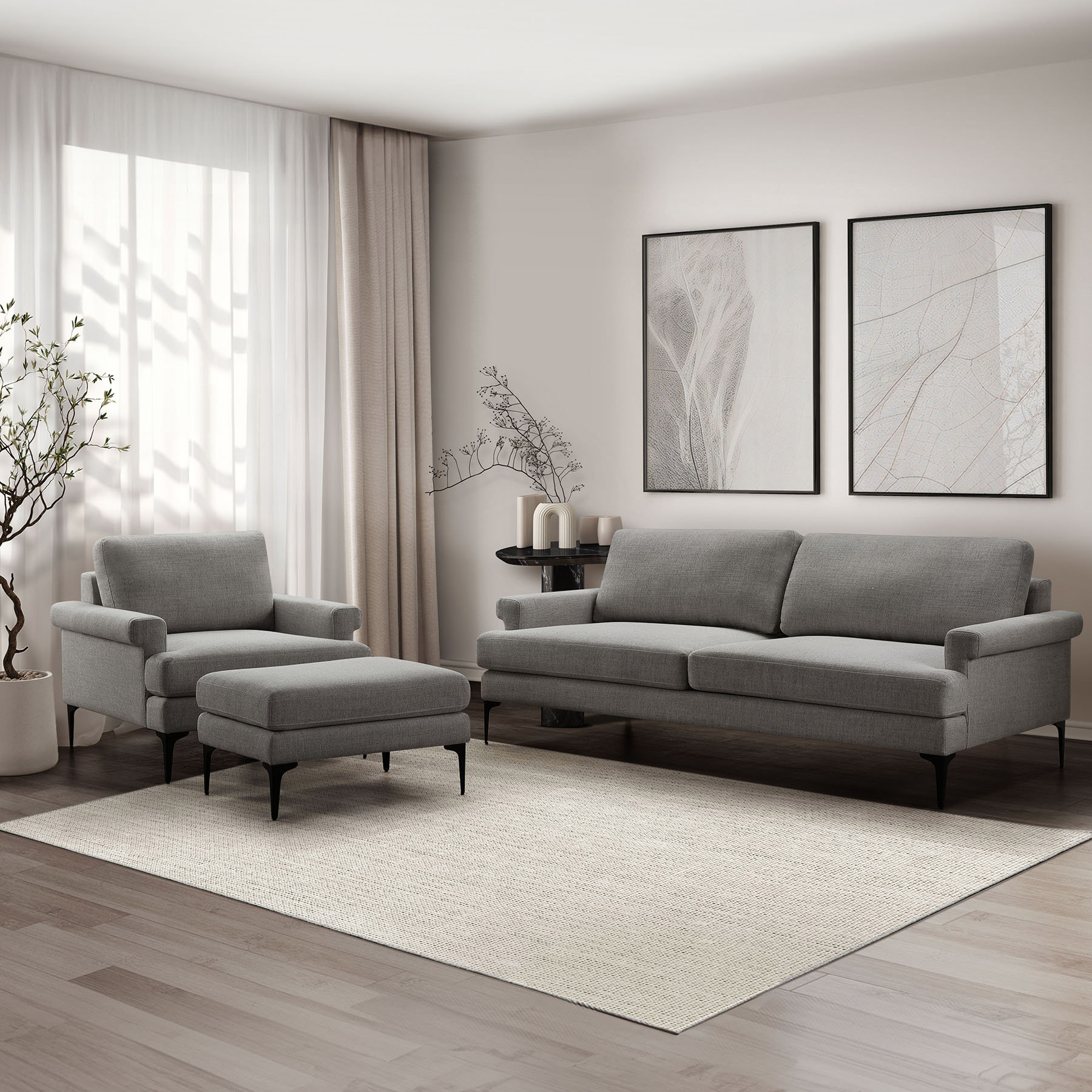 Evella Fabric 3-piece Set – Sofa, Chair, and Ottoman, Gray | Costco