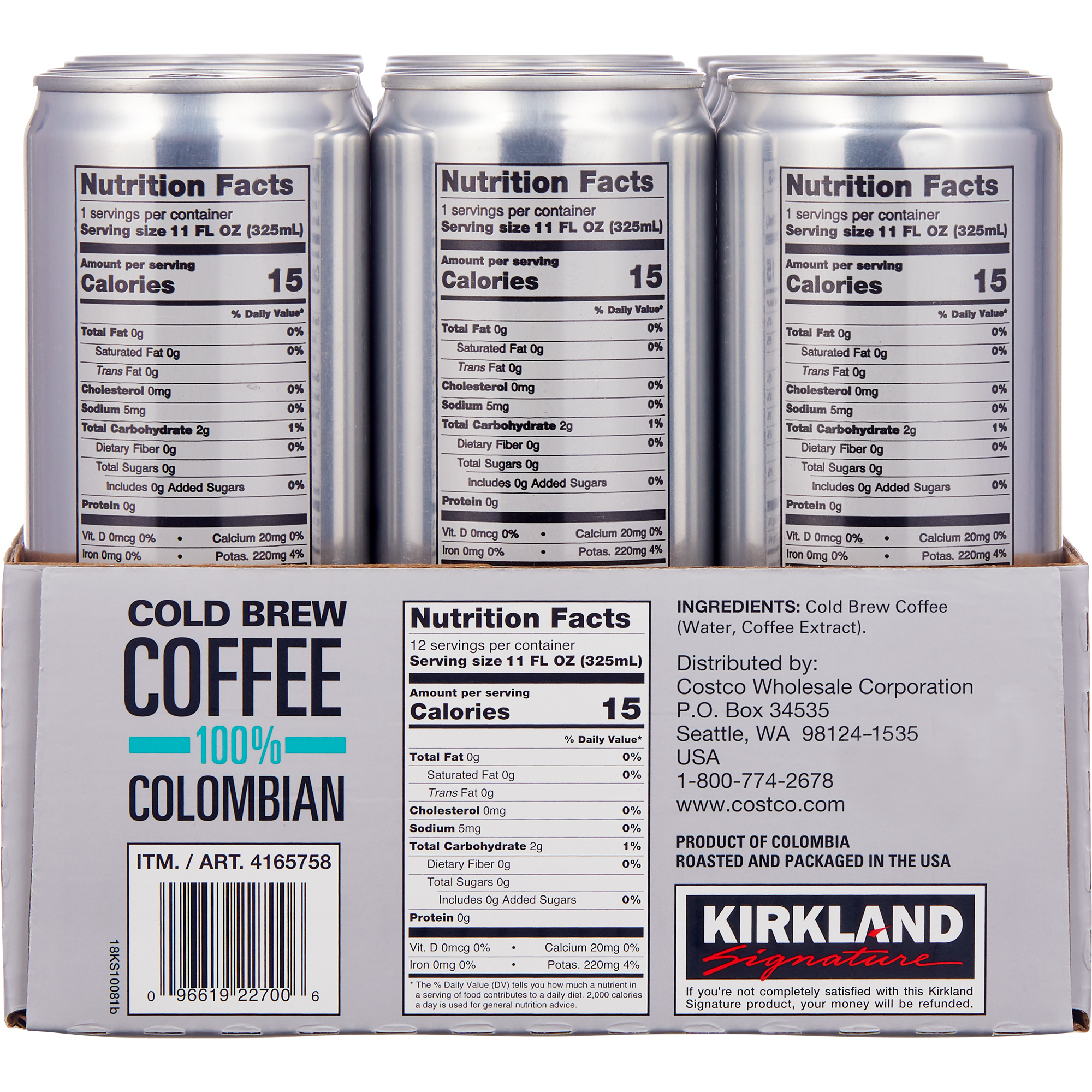 Kirkland Signature Cold Brew Coffee, Colombian, 11 fl oz, 12 ct | Costco