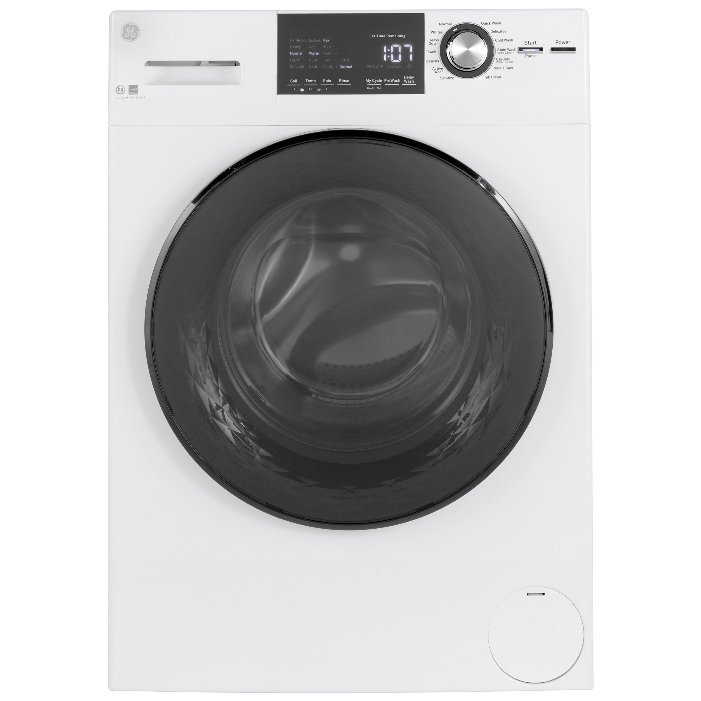 GE 24 in. 2.8 cu. ft. (IEC) White Front Load Washer with Steam | Costco