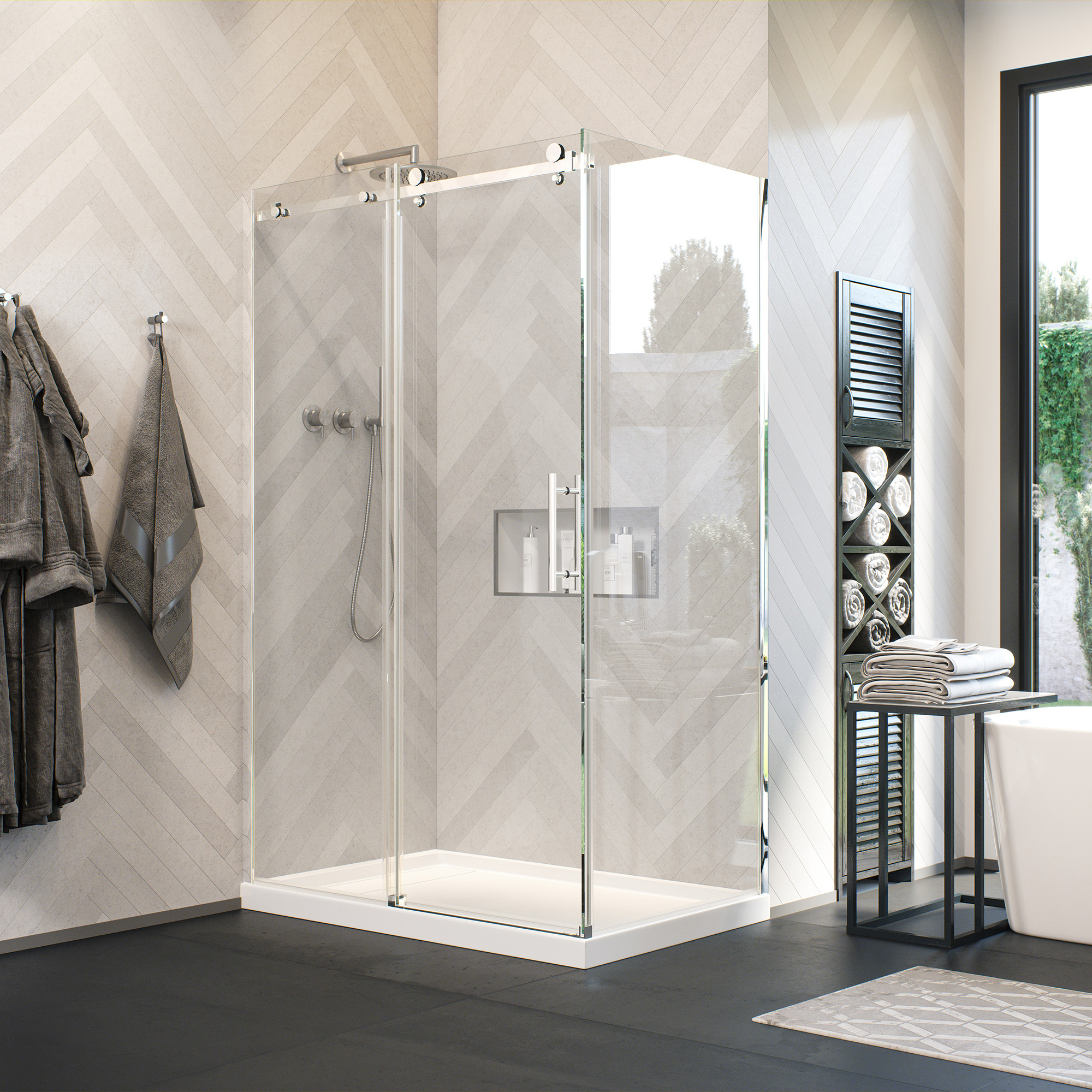 OVE - Douche en coin Kelsey de 48 po x 32 po avec base | Costco