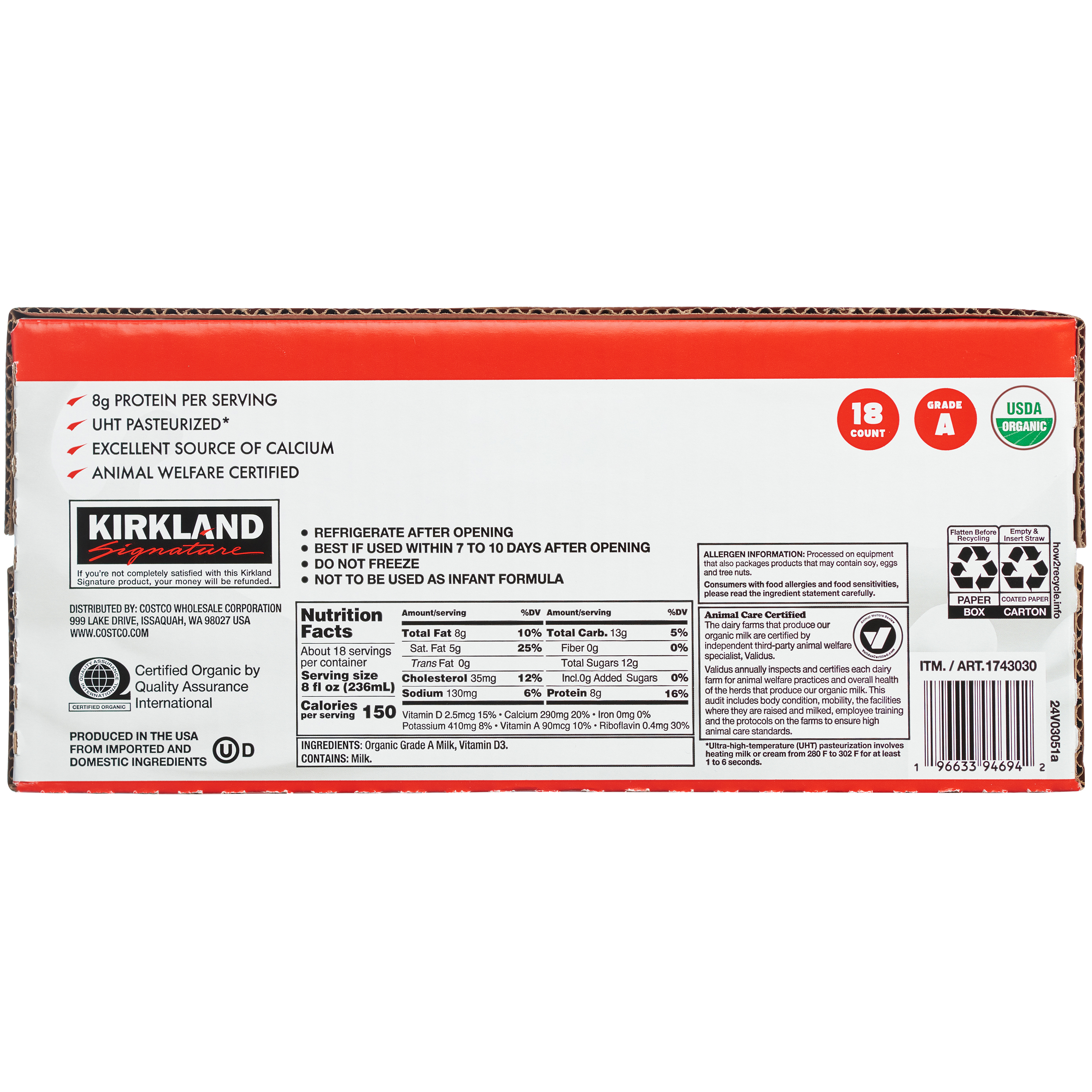 Kirkland Signature Organic Whole Milk, 8 fl oz, 18-count | Costco