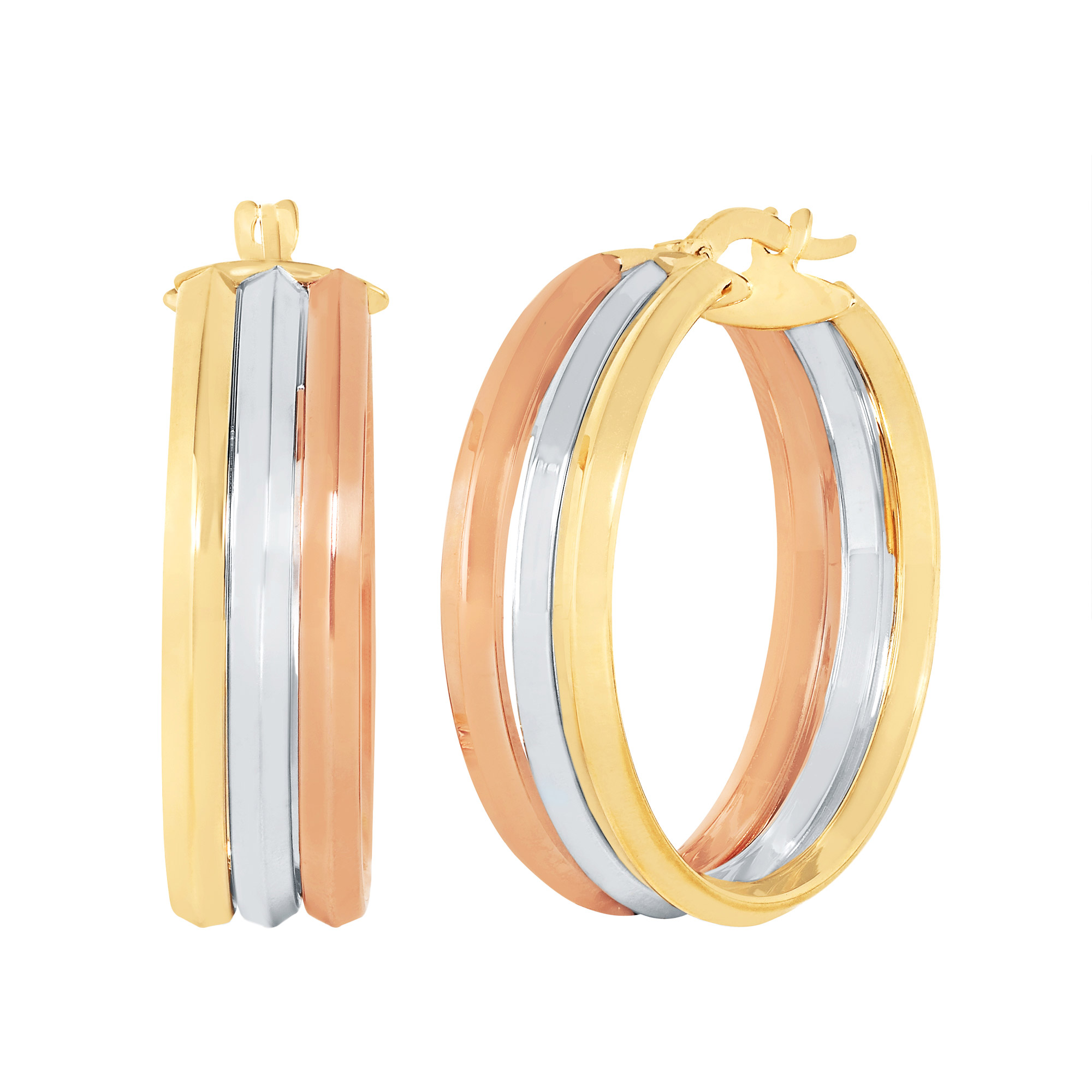 High Polish Three Row Hoop Earrings in Three Tone Gold | Costco
