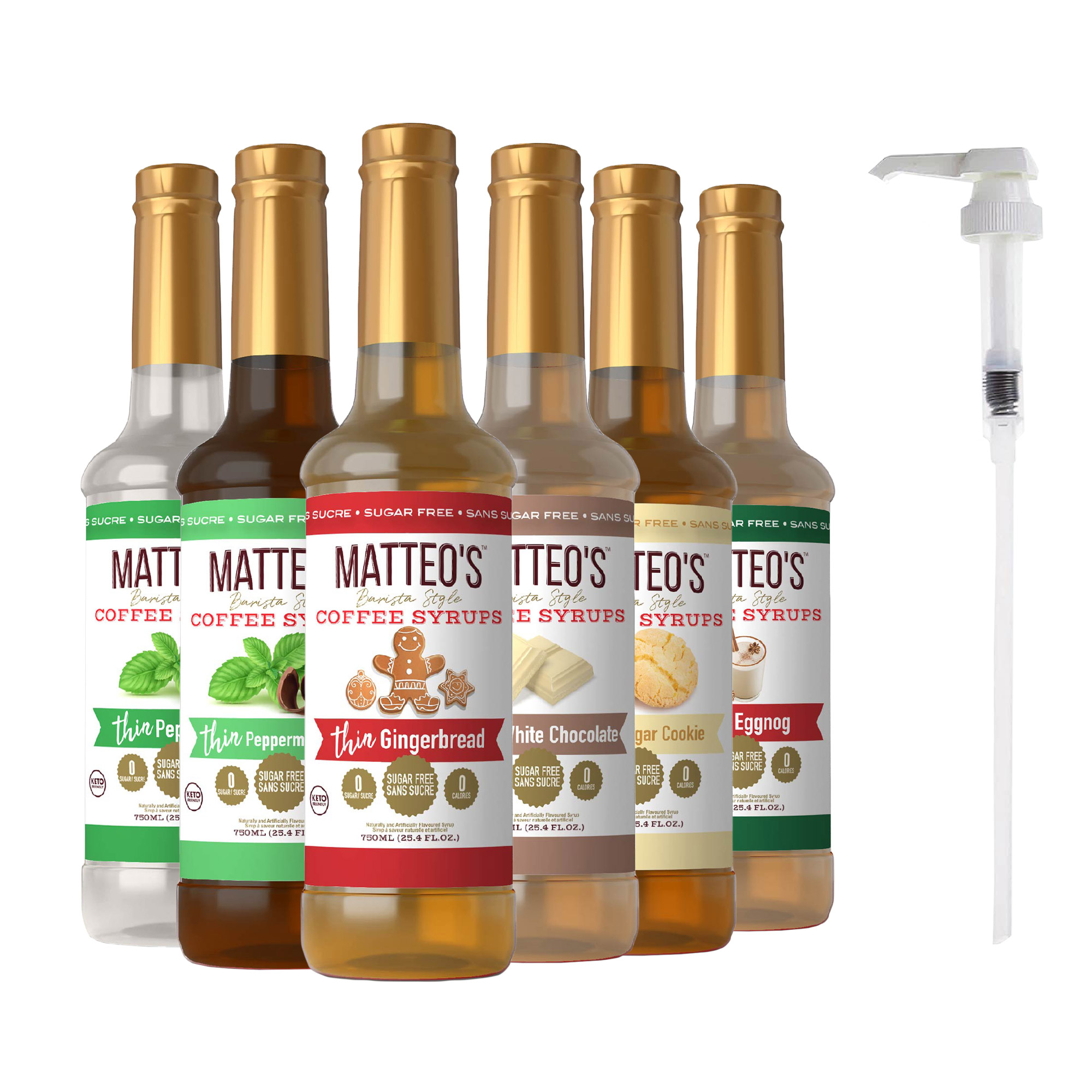 Matteo's Sugar-Free Coffee Syrup Variety Pack, 6 × 750 mL + 1 pump | Costco