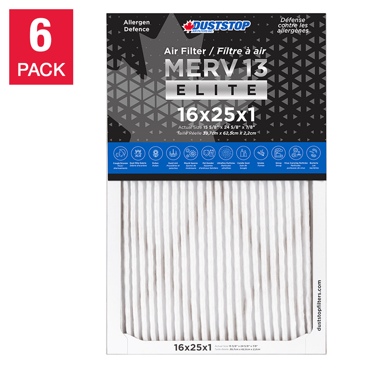 Duststop 16x25x1 MERV 13 Pleated Air Filter, 6-pack | Costco
