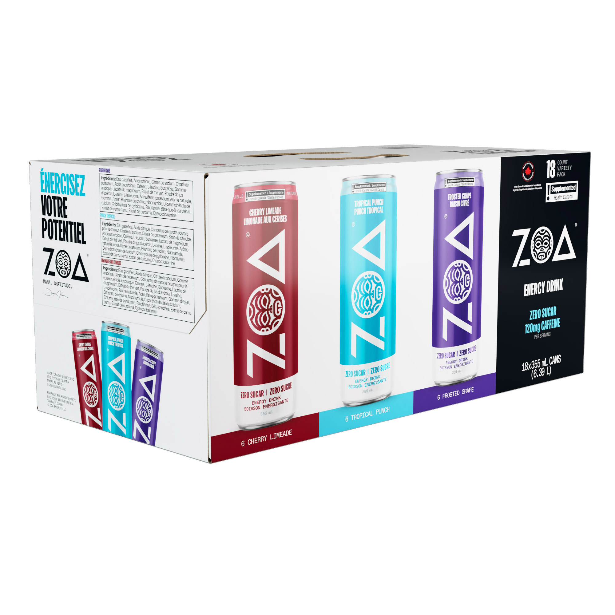 ZOA Zero Sugar Energy Drink Variety Pack 355 mL, 18-pack | Costco