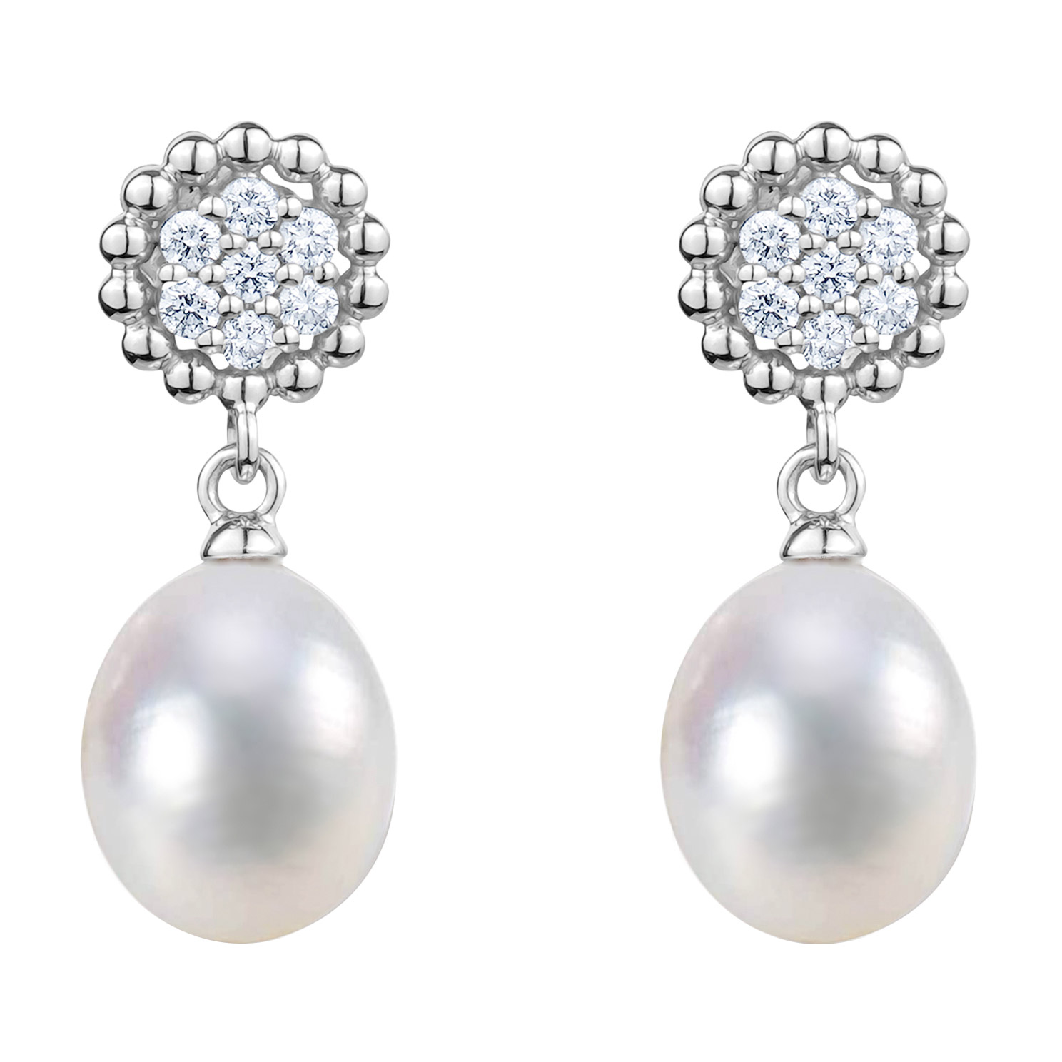 7 — 7.5 mm Cultured Freshwater Pearl and Diamond Earrings (0.18 ctw ...