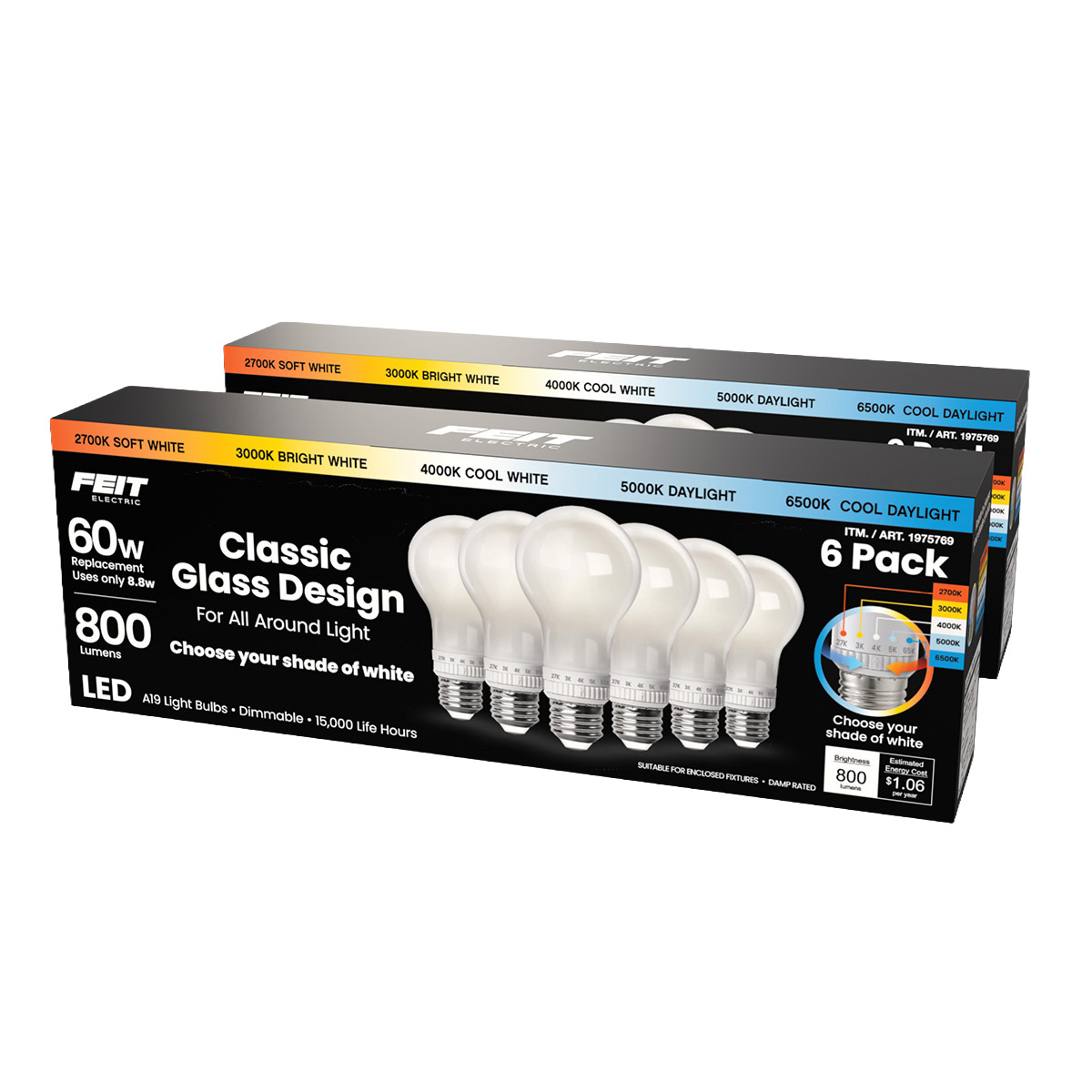 Feit Electric 60W Replacement 5-CCT LED Classic Glass A19 Bulbs, 12 ...