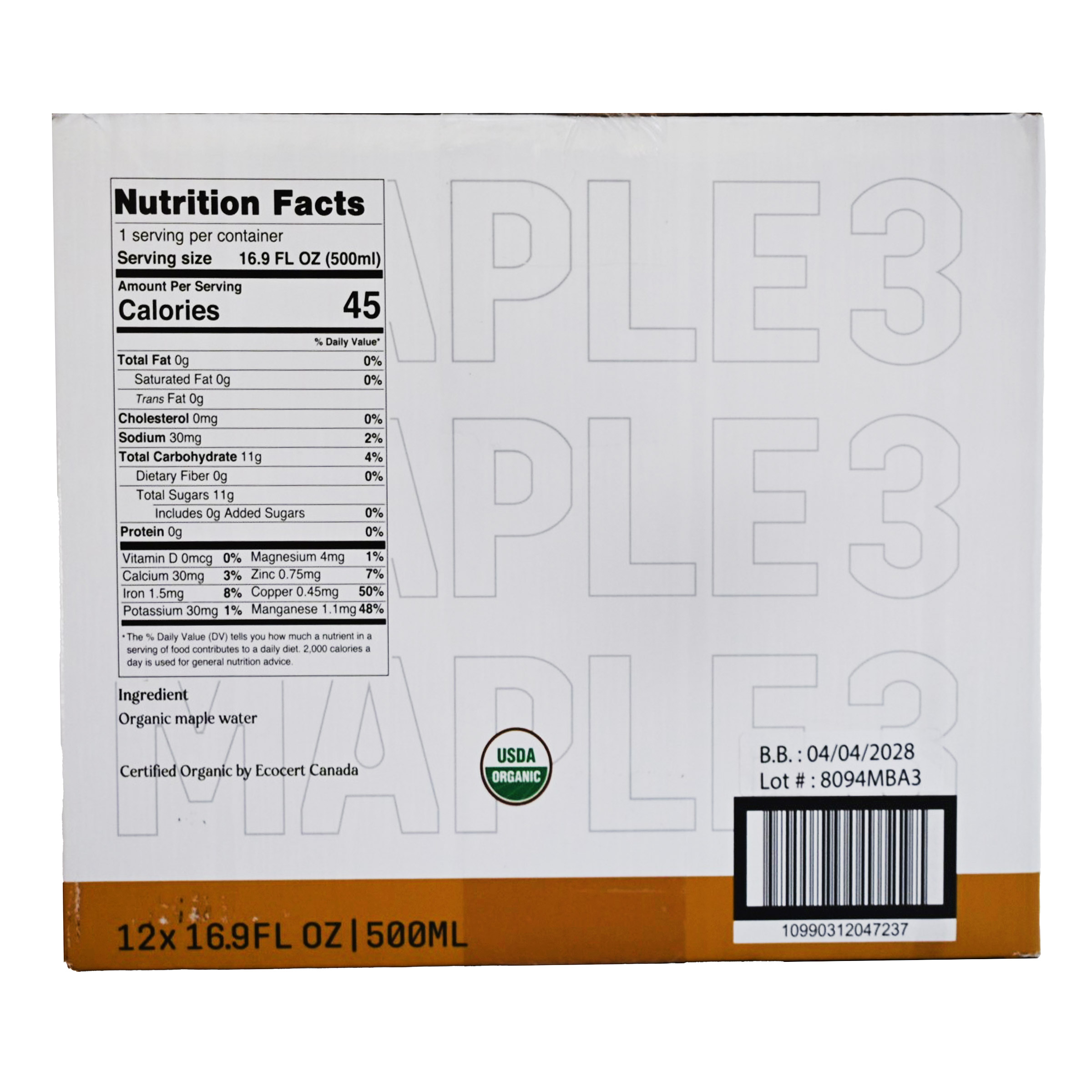 Maple 3 Pure Organic Maple Water, 16.9 fl oz, 12-count | Costco