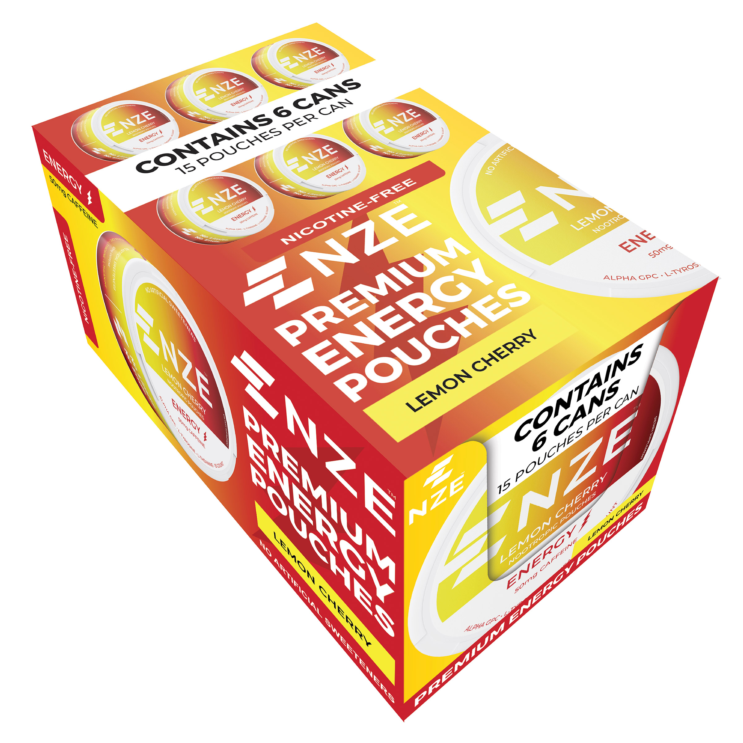 NZE Premium Energy Pouches, Lemon Cherry, 15 Pouches per Can, 6-Count ...