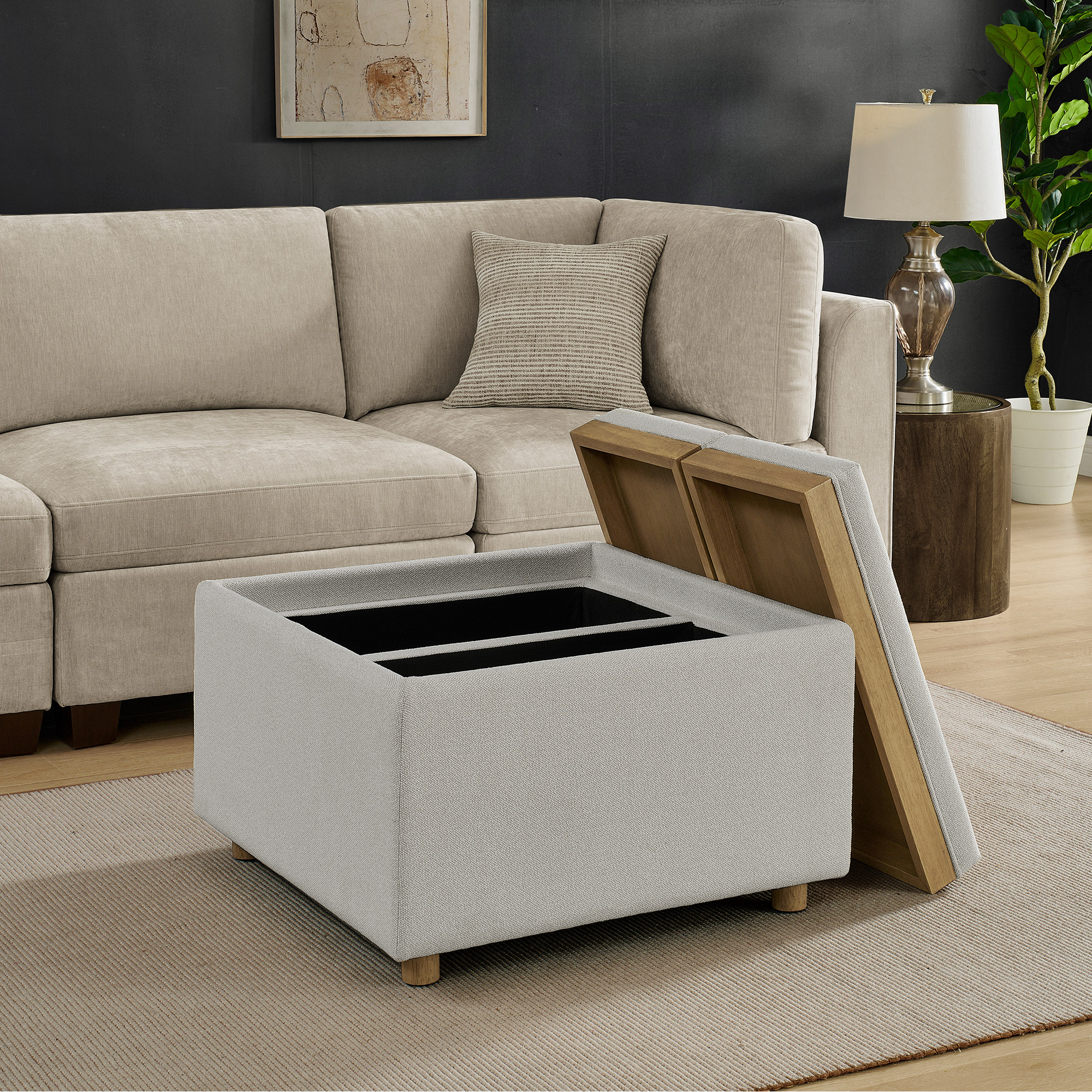 Henredon Sona Fabric Storage Ottoman with Reversible Wood Tray Tops ...