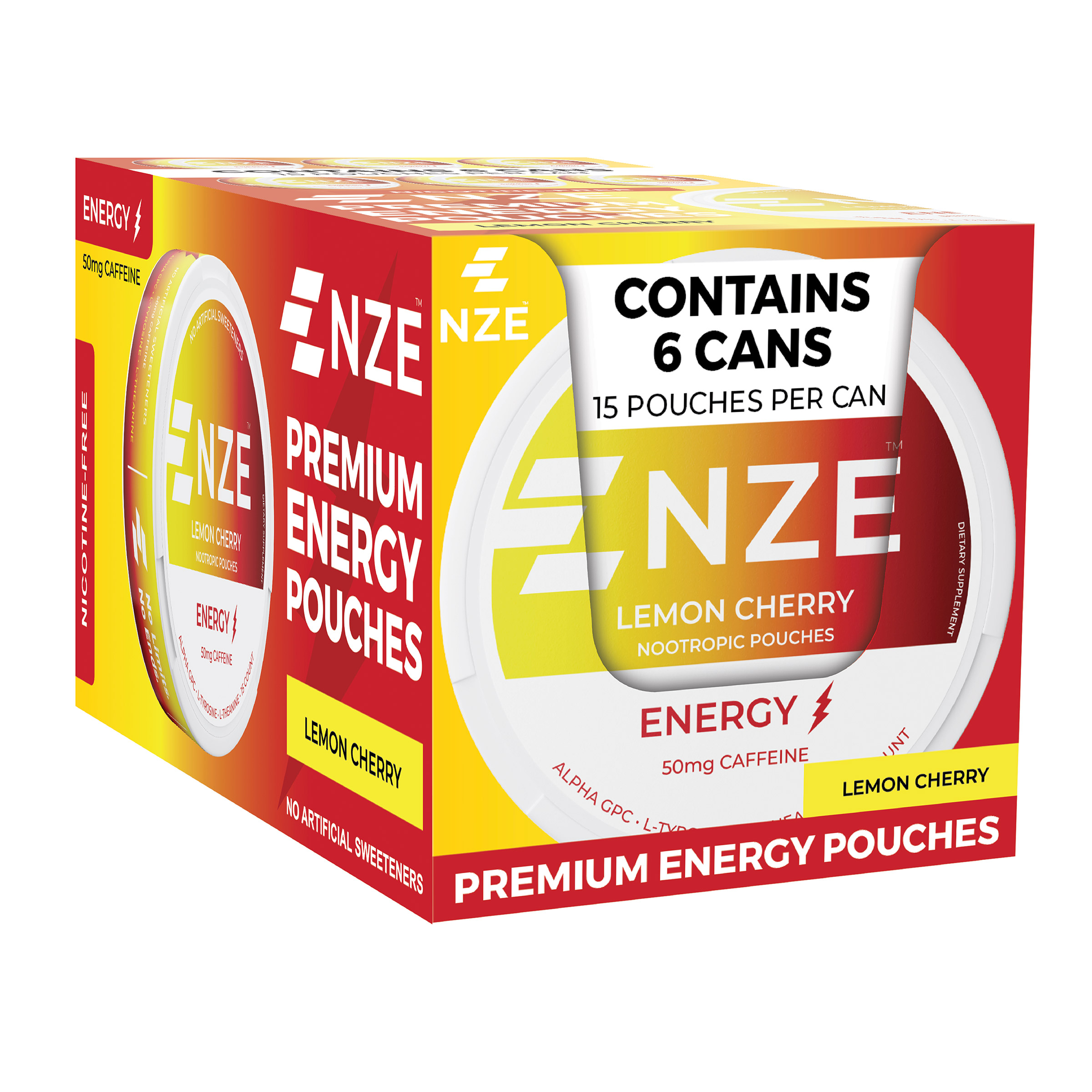 NZE Premium Energy Pouches, Lemon Cherry, 15 Pouches per Can, 6-Count ...