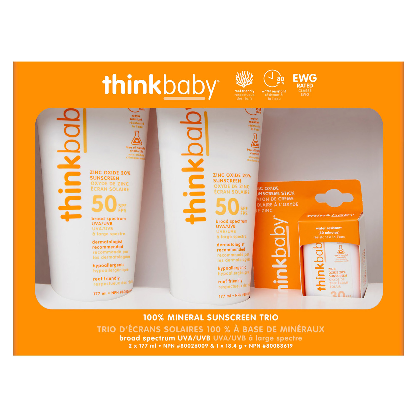 Thinkbaby Sunscreen Lotion SPF 50, 2 x 177 mL and Sunscreen Stick SPF ...