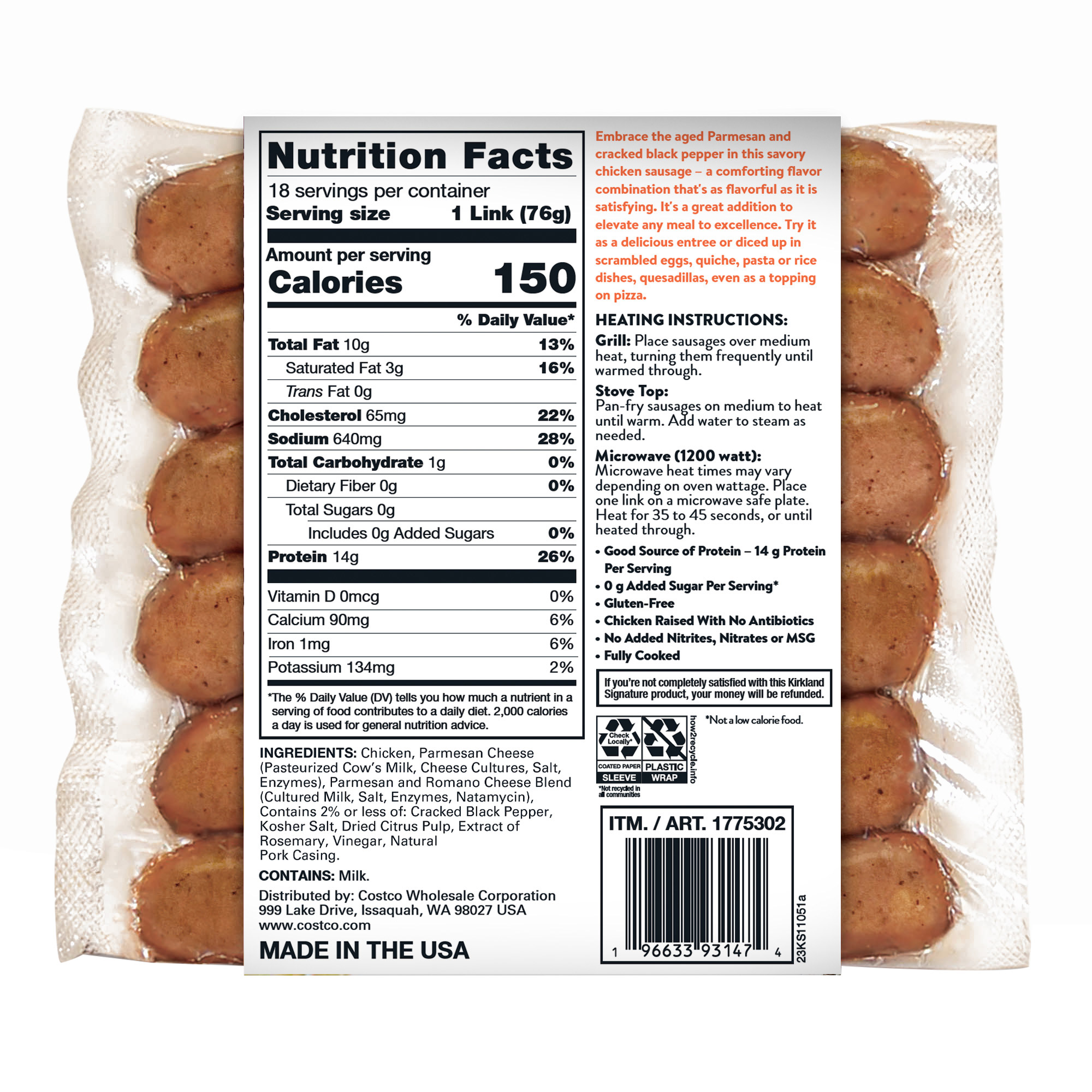 Kirkland Signature Parmesan Black Pepper & Parmesan Chicken Sausage, 3 ...