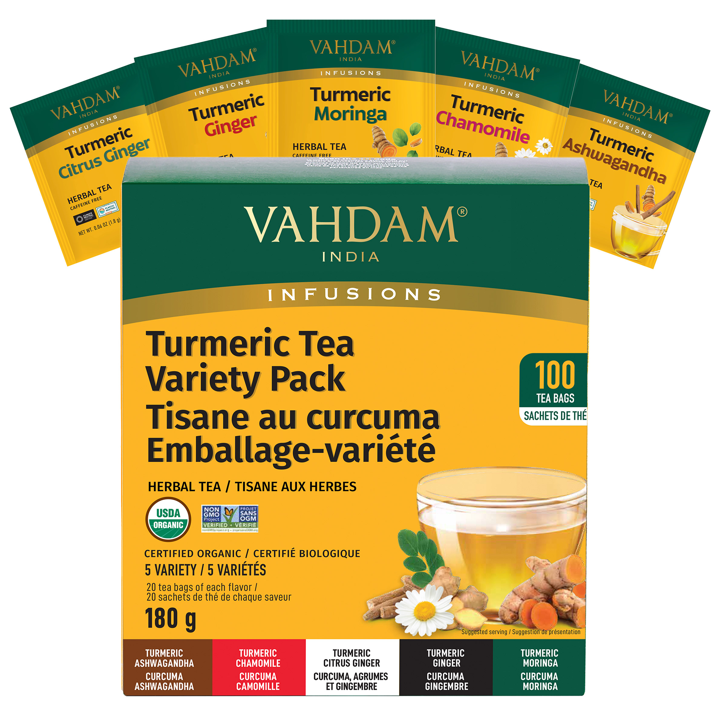 Vahdam Tumeric Tea Variety Pack, 100 count | Costco