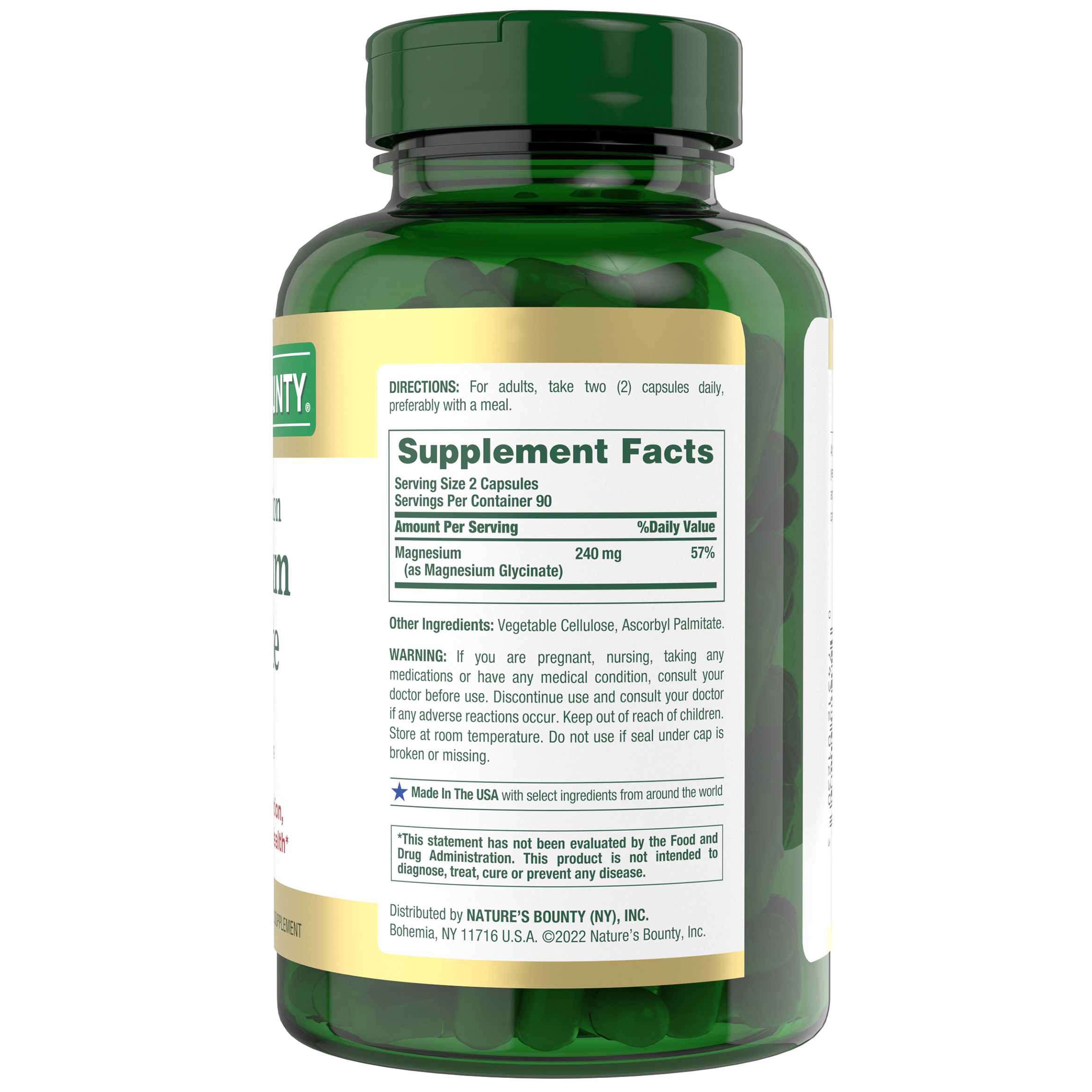 Nature's Bounty High Absorption Magnesium Glycinate, 240 mg, 180 ct ...