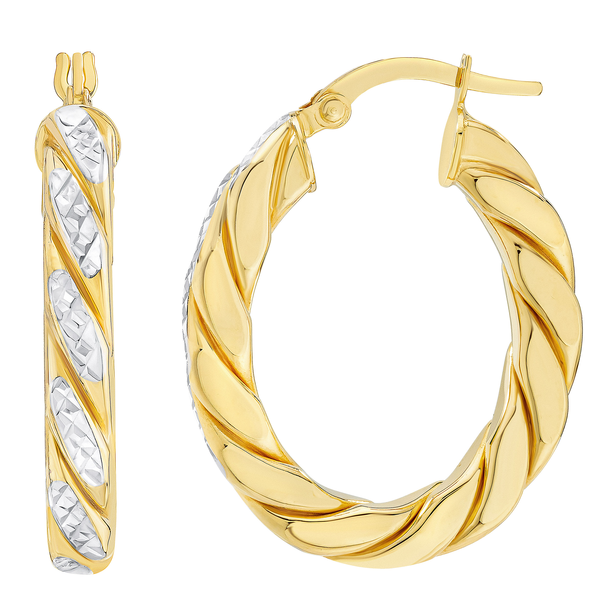 Diamond Cut Twisted Square Tube Oval Hoop Earrings in Two-tone Gold ...