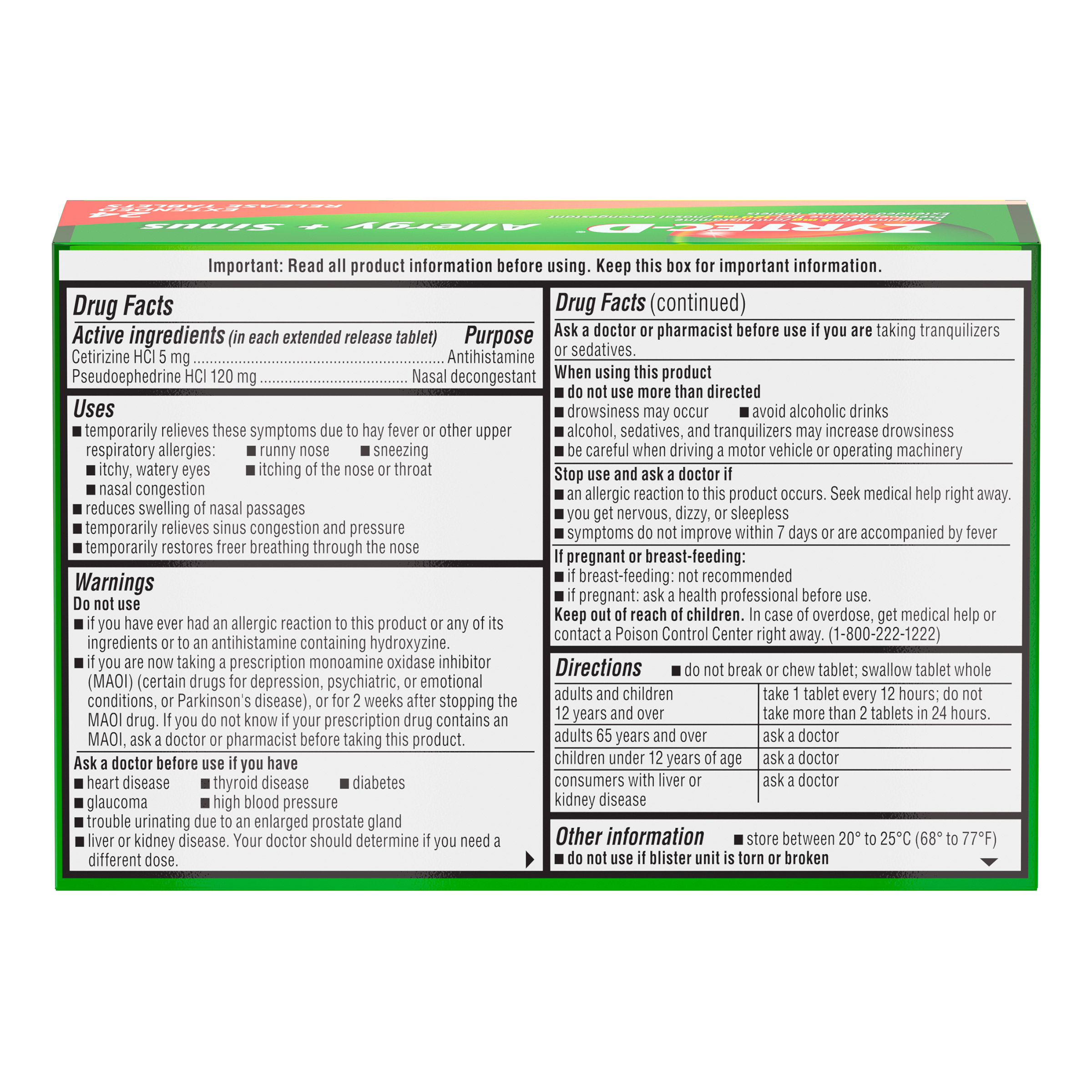 Zyrtec-D 12 Hour Allergy & Sinus Medicine & Nasal Decongestant, 24 ...