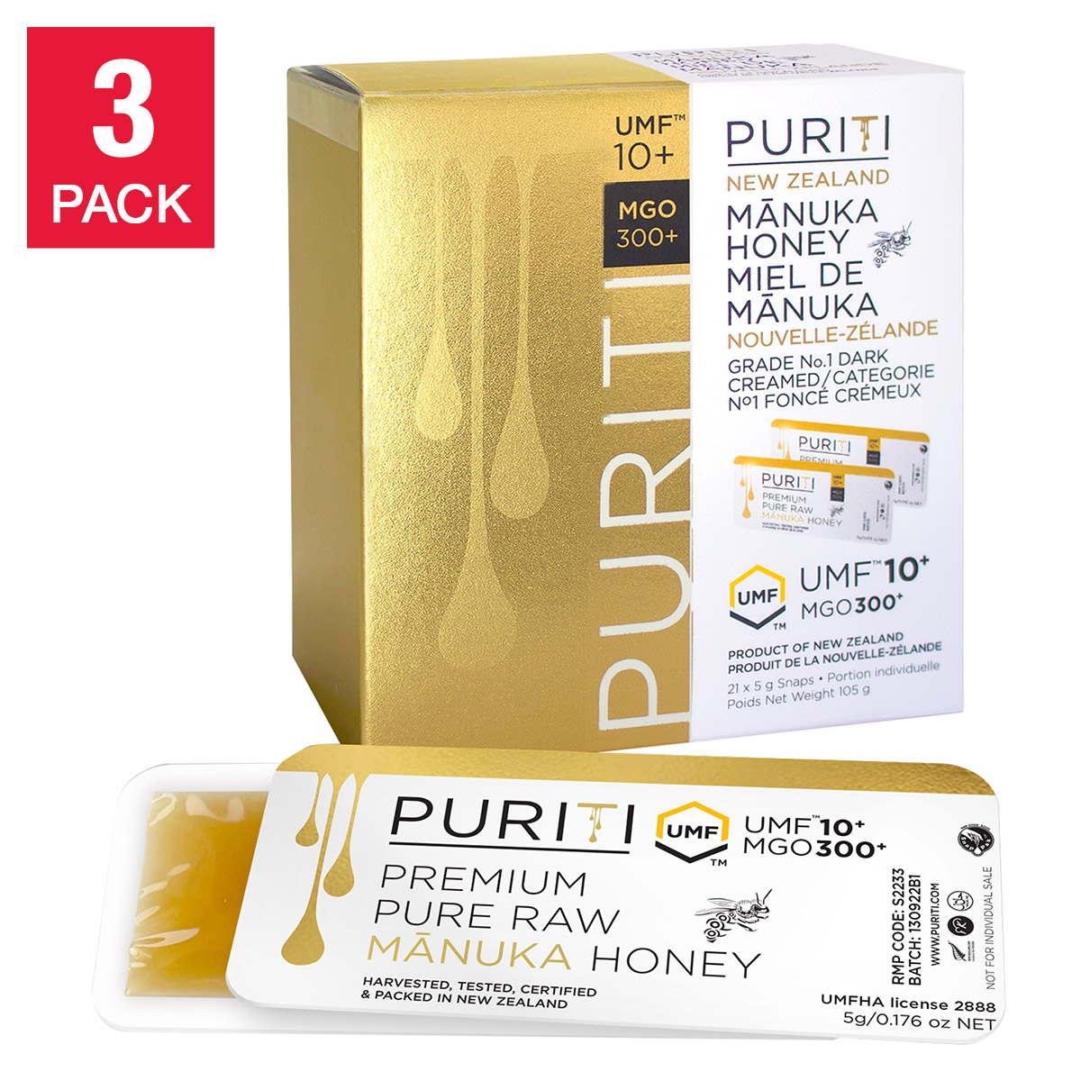 Puriti New Zealand Manuka Honey Snap Packs Umf 10+, 63 × 5 g | Costco