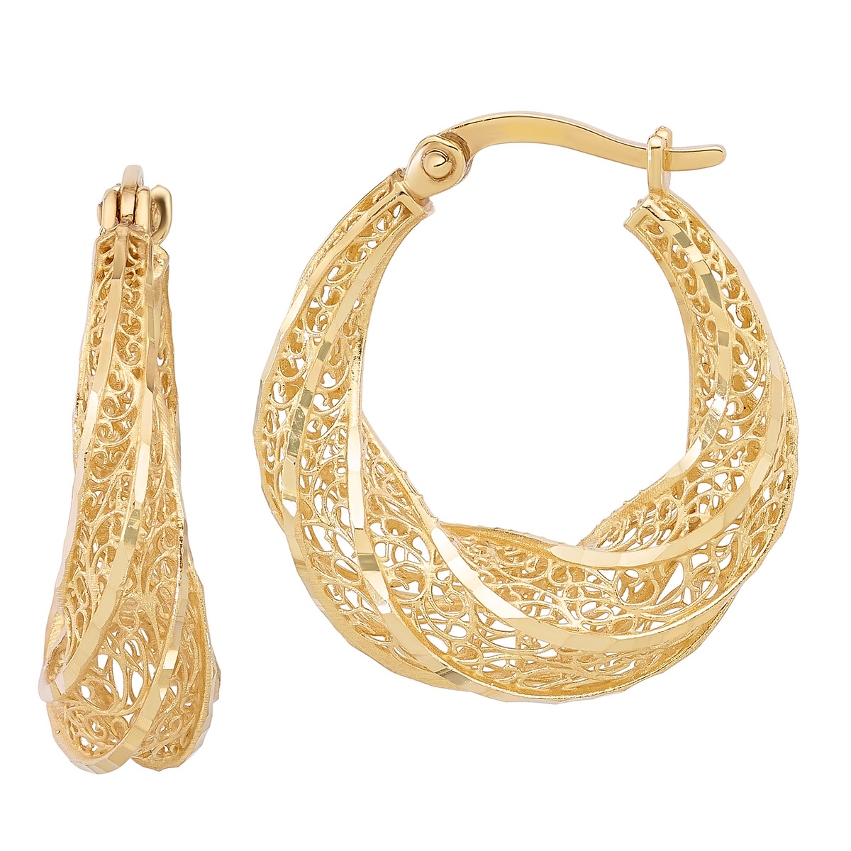 Fancy Cut Out Twisted Hoop Earrings in Yellow Gold | Costco