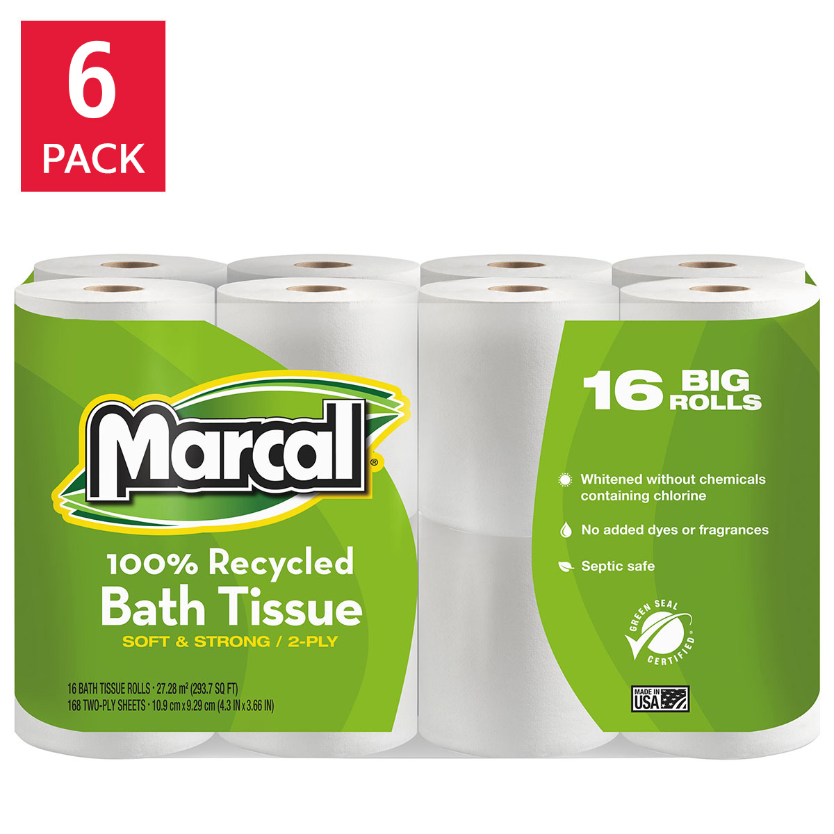 Marcal 100% Recycled Bath Tissue, 2-Ply, 168 Sheets, 96 Rolls | Costco
