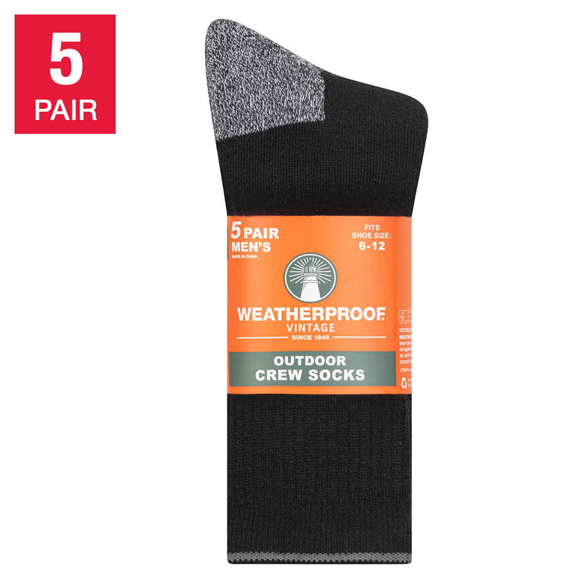 Weatherproof Vintage Men's Outdoor Crew Sock, 5-pair | Costco
