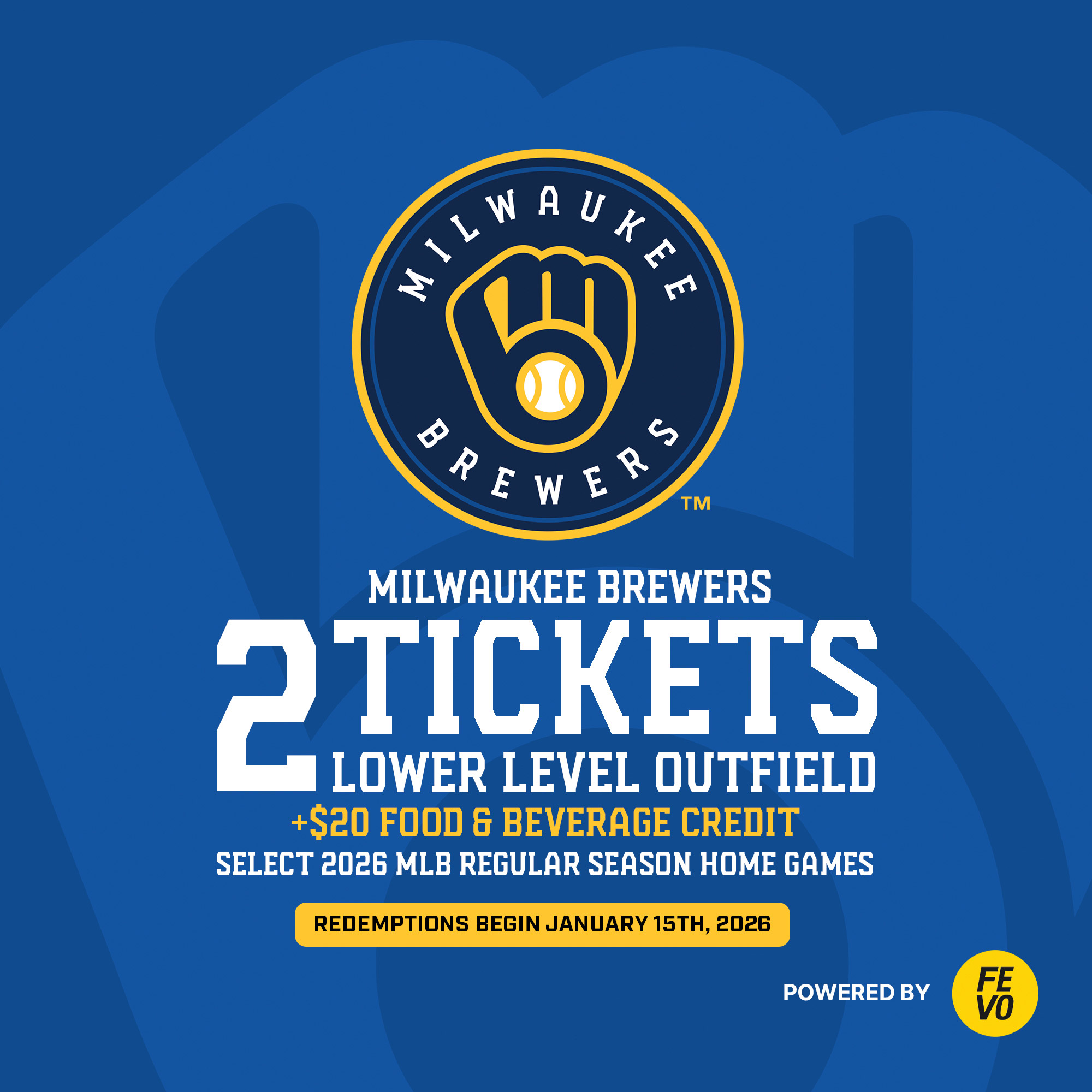 MLB Milwaukee Brewers - Two Lower Level Outfield, Tickets + $20 F&B ...