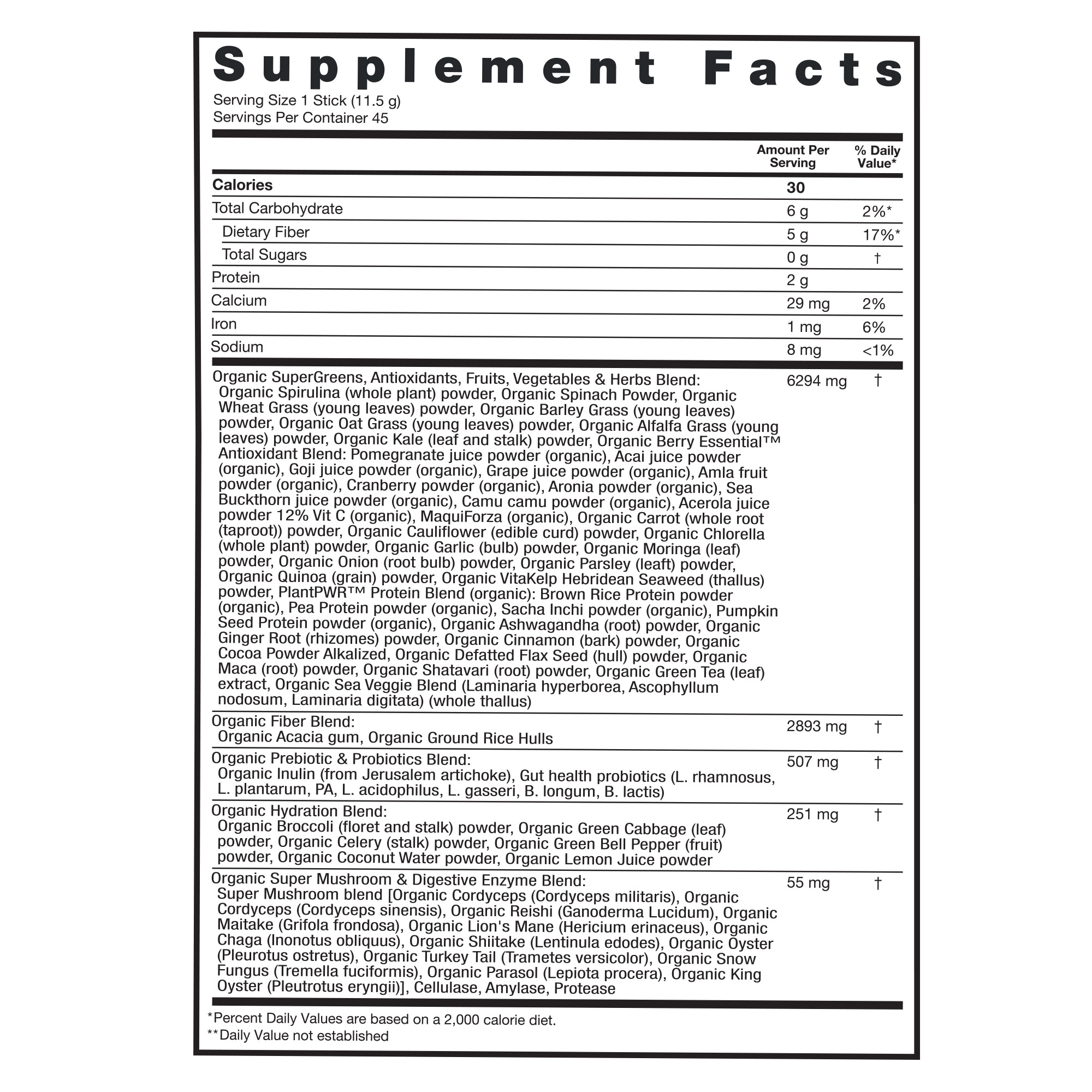 Zena USDA Organic Supergreens Fruits & Vegetables Powder, 45 Stick ...